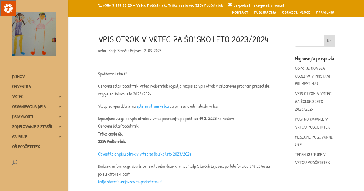 VPIS OTROK V VRTEC ZA ŠOLSKO LETO 2023/2024 - Podčetrtek